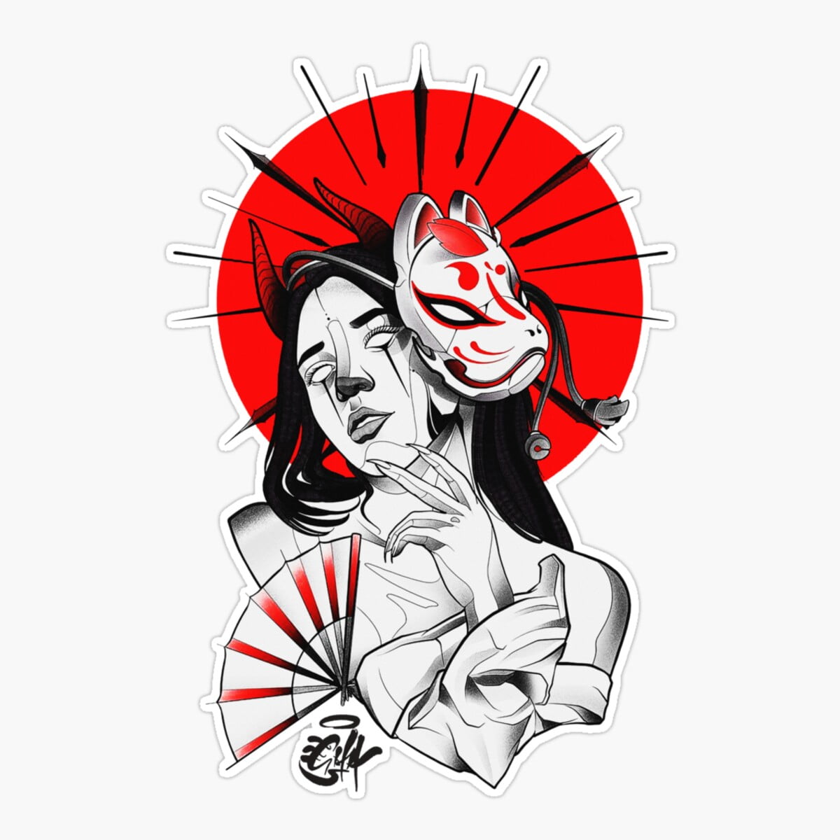Onim Japanese Geisha Samurai Fox Mask Red Sun Sticker, Phone Decal Water Bottle Stickers Car ...