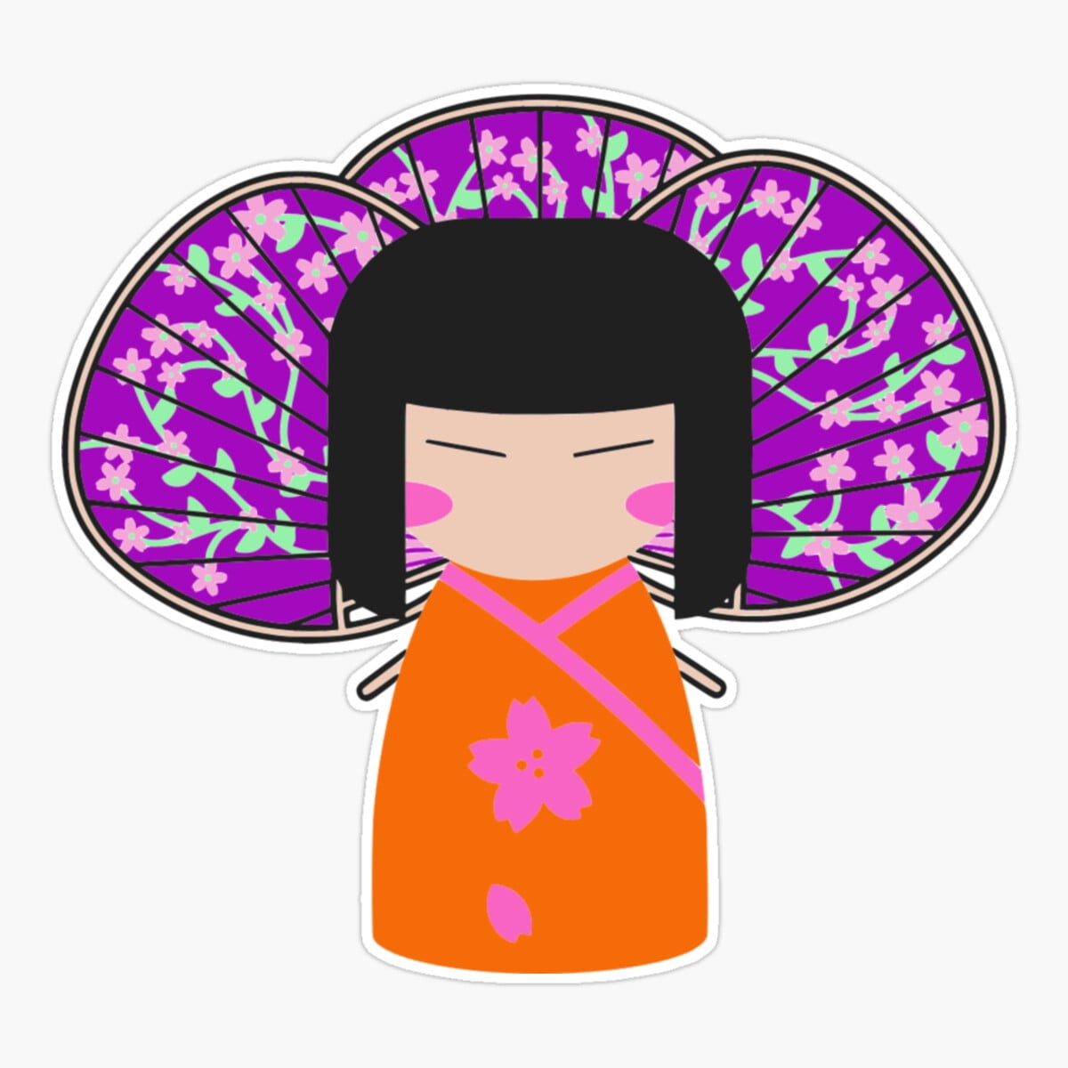 Onim Japanese Kimono Doll With Fans Sticker, Phone Decal Water Bottle ...