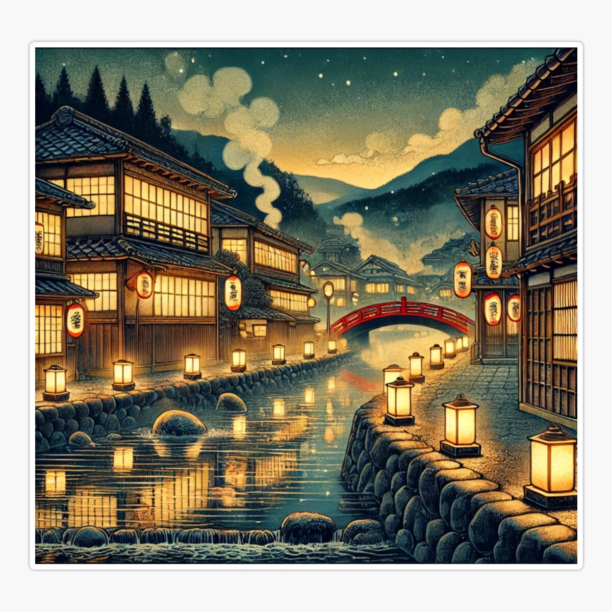 Onim Japanese Onsen Town At Night Sticker, Phone Decal Water Bottle ...