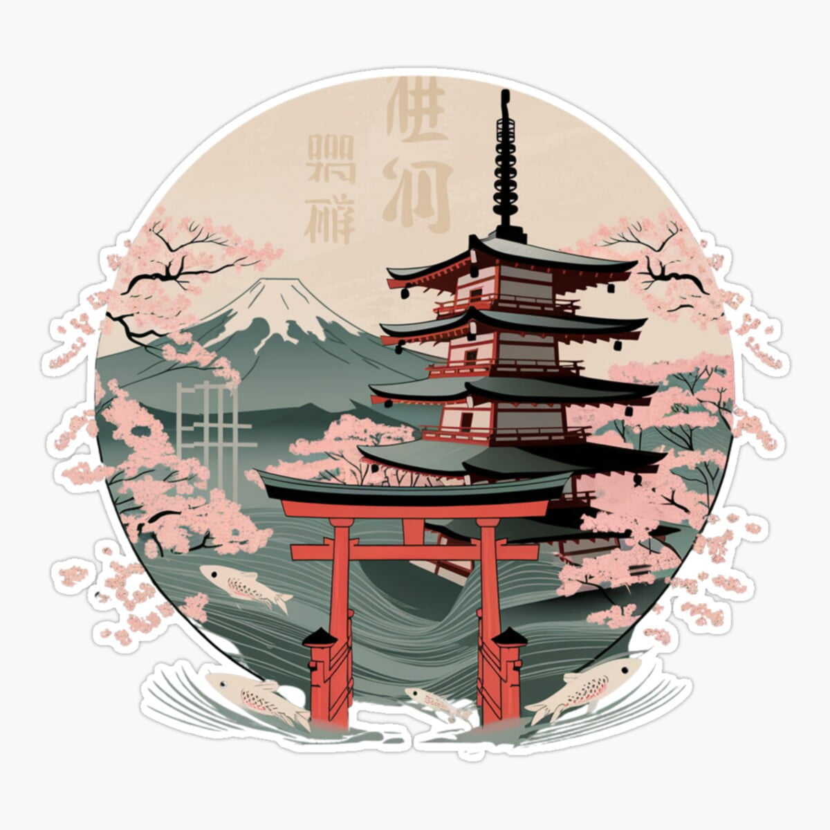 Onim Japanese Pagoda And Koi With Cherry Blossoms Sticker, Phone Decal ...