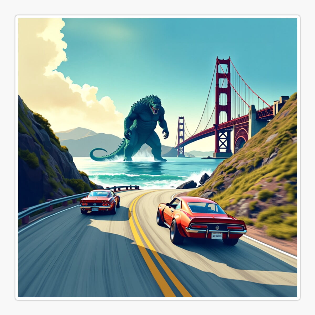 Onim Japanese Race Cars Racing Past Bridge Under Attack From A Kaiju ...