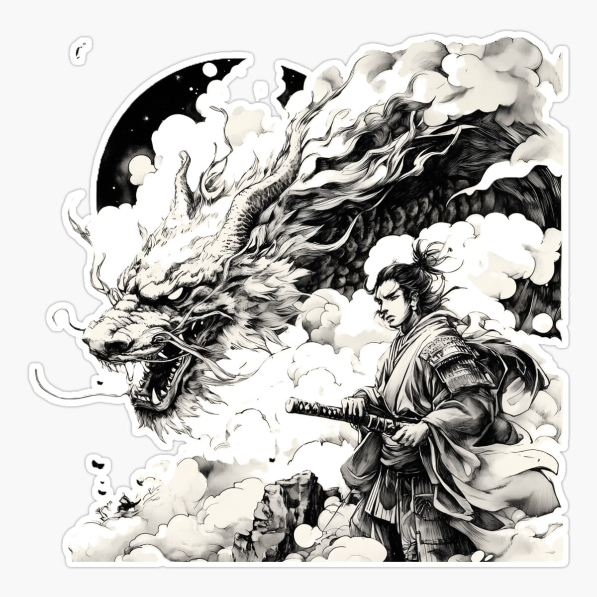 Onim Japanese Samurai And Dragon Ink-Style Sticker, Phone Decal Water ...