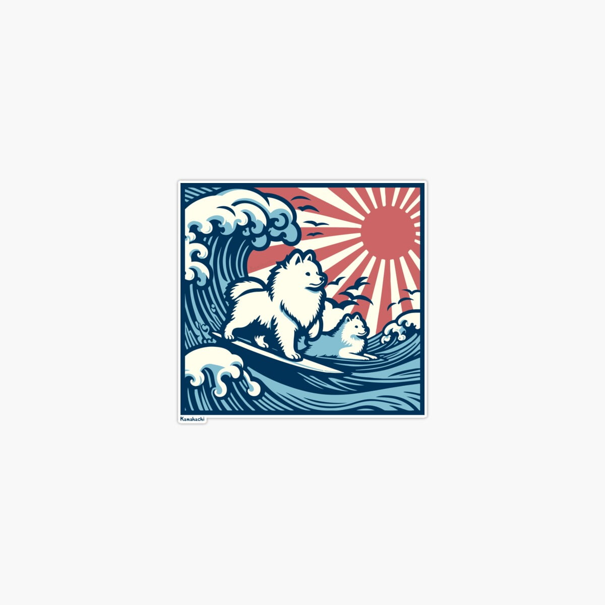 Onim Japanese Spitz Dogs Surfing The Great Wave - Jdm Sticker, Phone ...