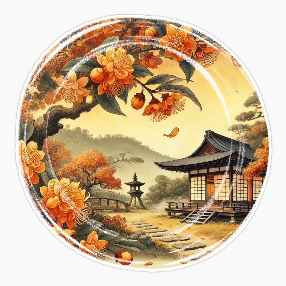 Onim Japanese Temple & Osmanthus Blossoms Sticker, Phone Decal Water ...