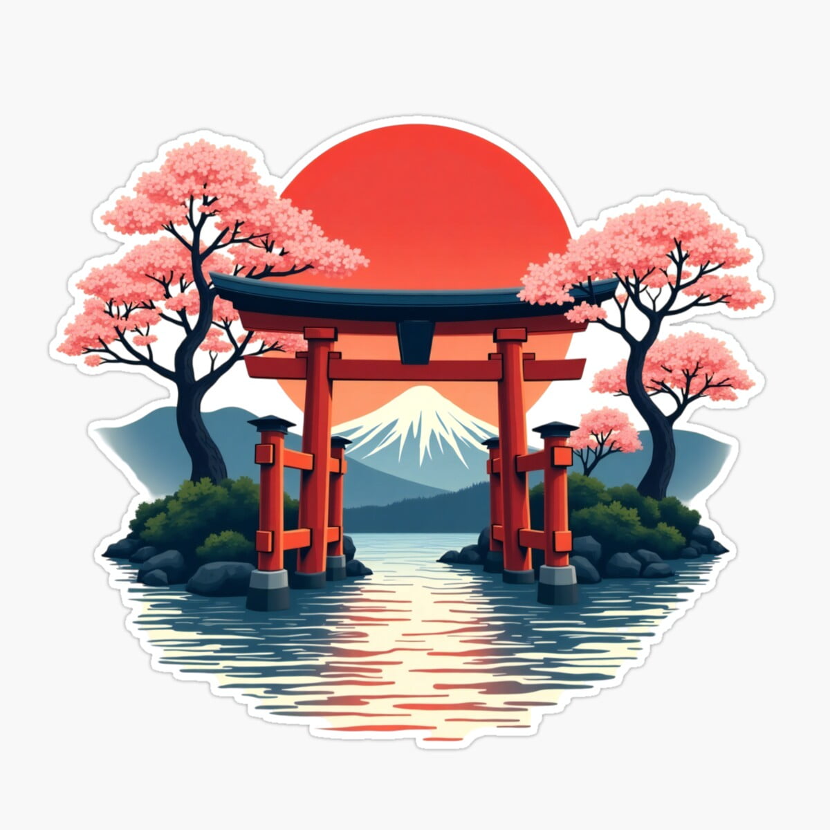 Onim Japanese Torii Gate With Cherry Blossoms And Mount Fuji Sticker ...