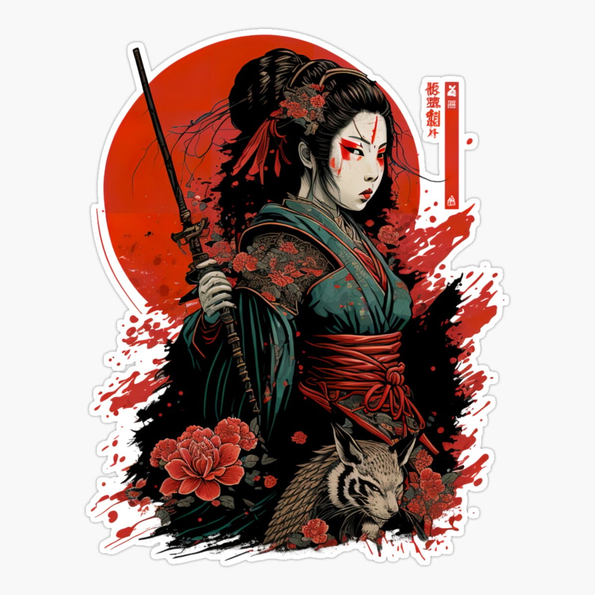 Onim Japanese Ukiyo-E Geisha In Warrior Look Sticker, Phone Decal Water ...