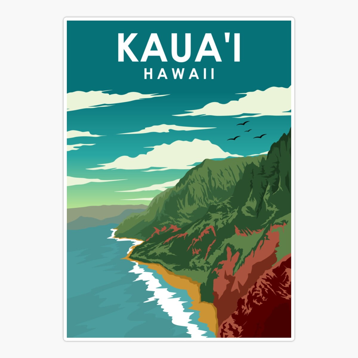 Onim Kauai Hawaii Vintage Minimal Retro Travel Poster Sticker, Phone ...