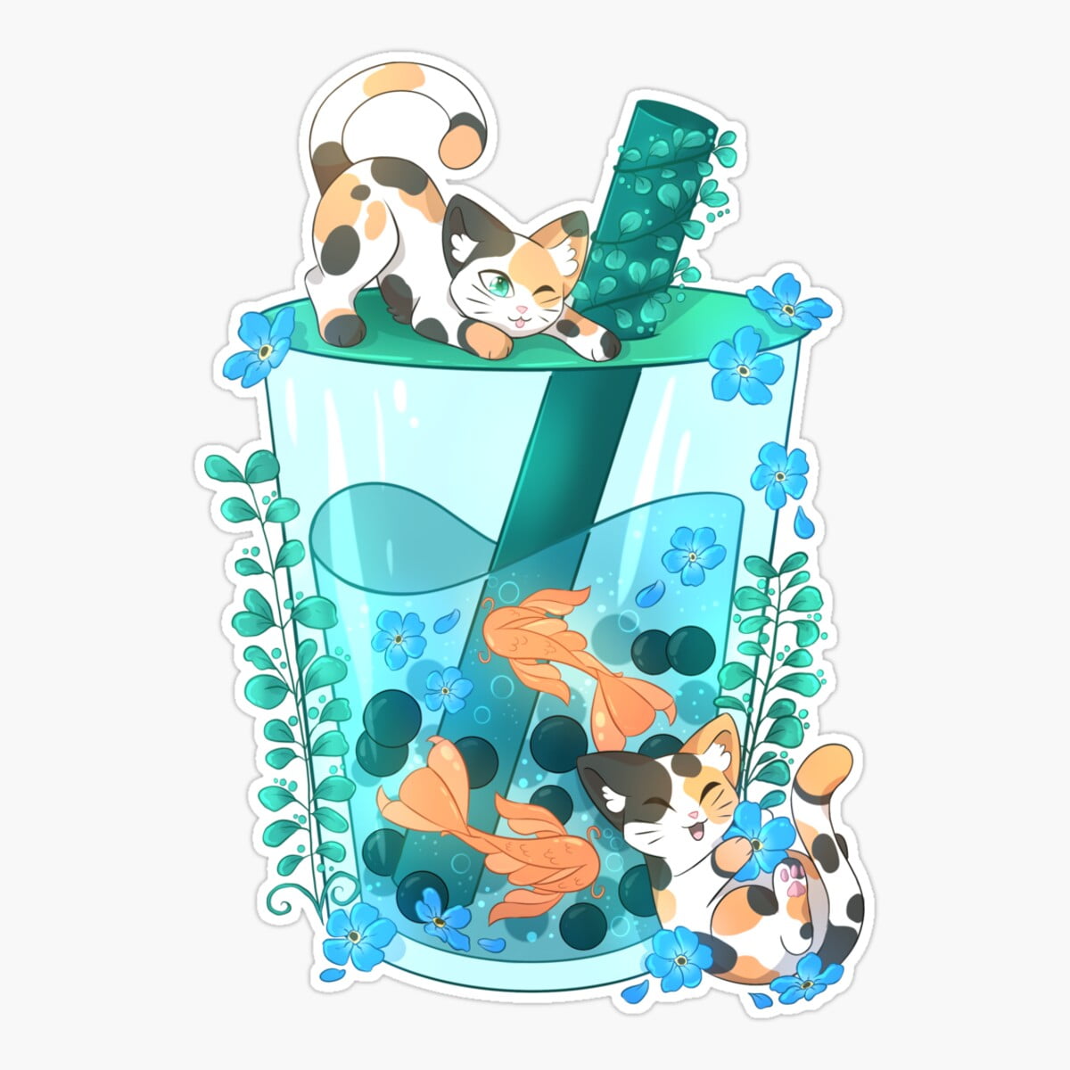Onim Kawaii Koi Pond Boba Tea Sticker, Phone Decal Water Bottle ...