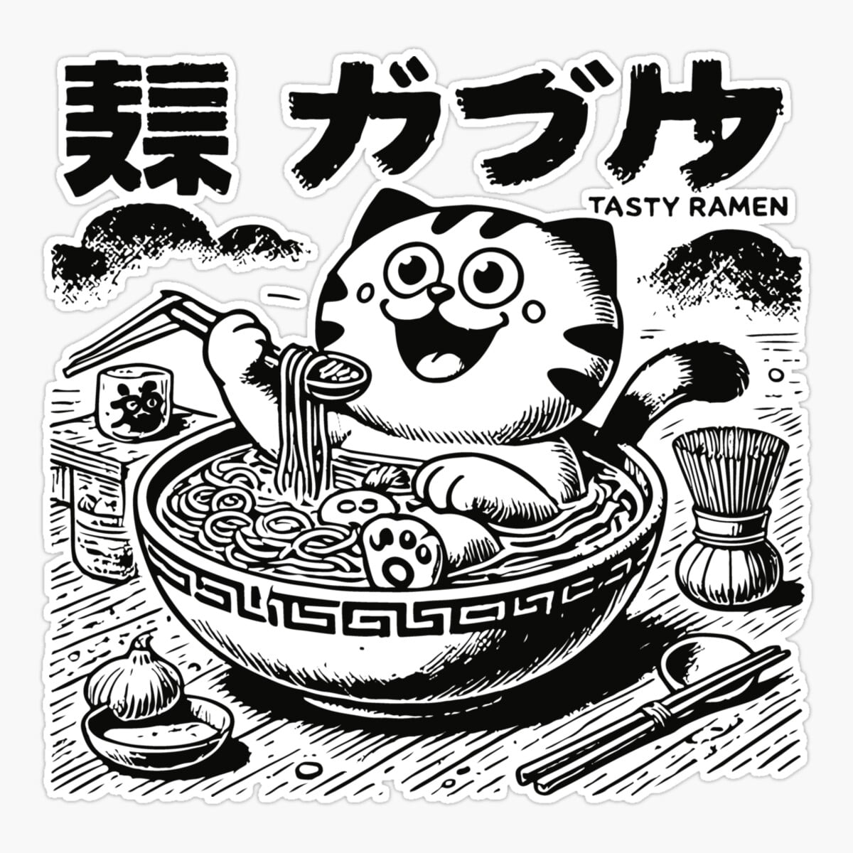 Onim Kawaii Ramen Cat, Japanese Noodles Sticker, Phone Decal Water ...