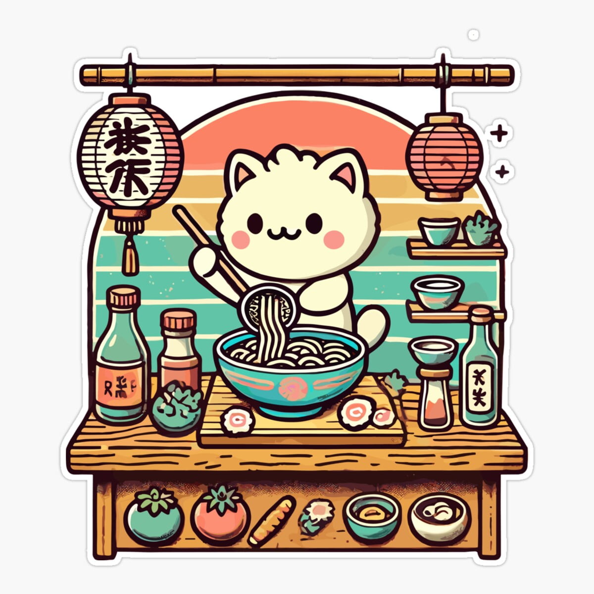 Onim Kawaii Retro Cats Ramen Chef Japan Style Sticker, Phone Decal ...