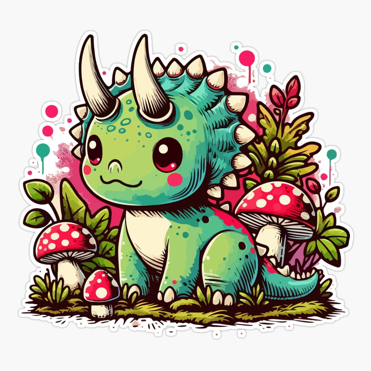 Onim Kawaii Simple Dinosaur Triceratops Mushroom Garden Sticker, Phone ...