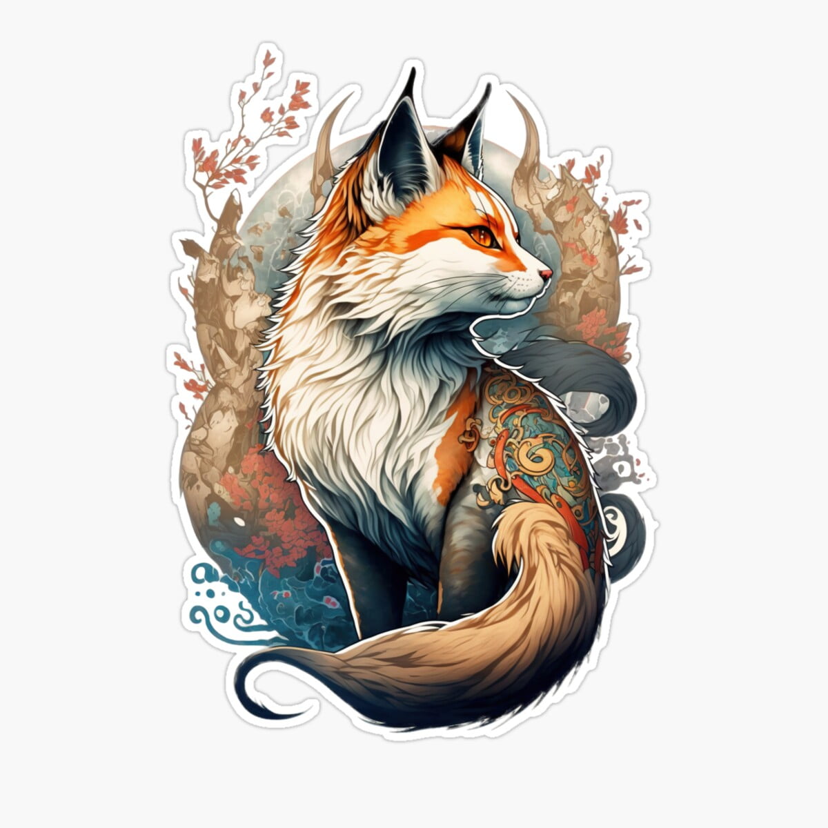 Onim Kitsune Cat Tattoo Sticker, Phone Decal Water Bottle Stickers Car ...