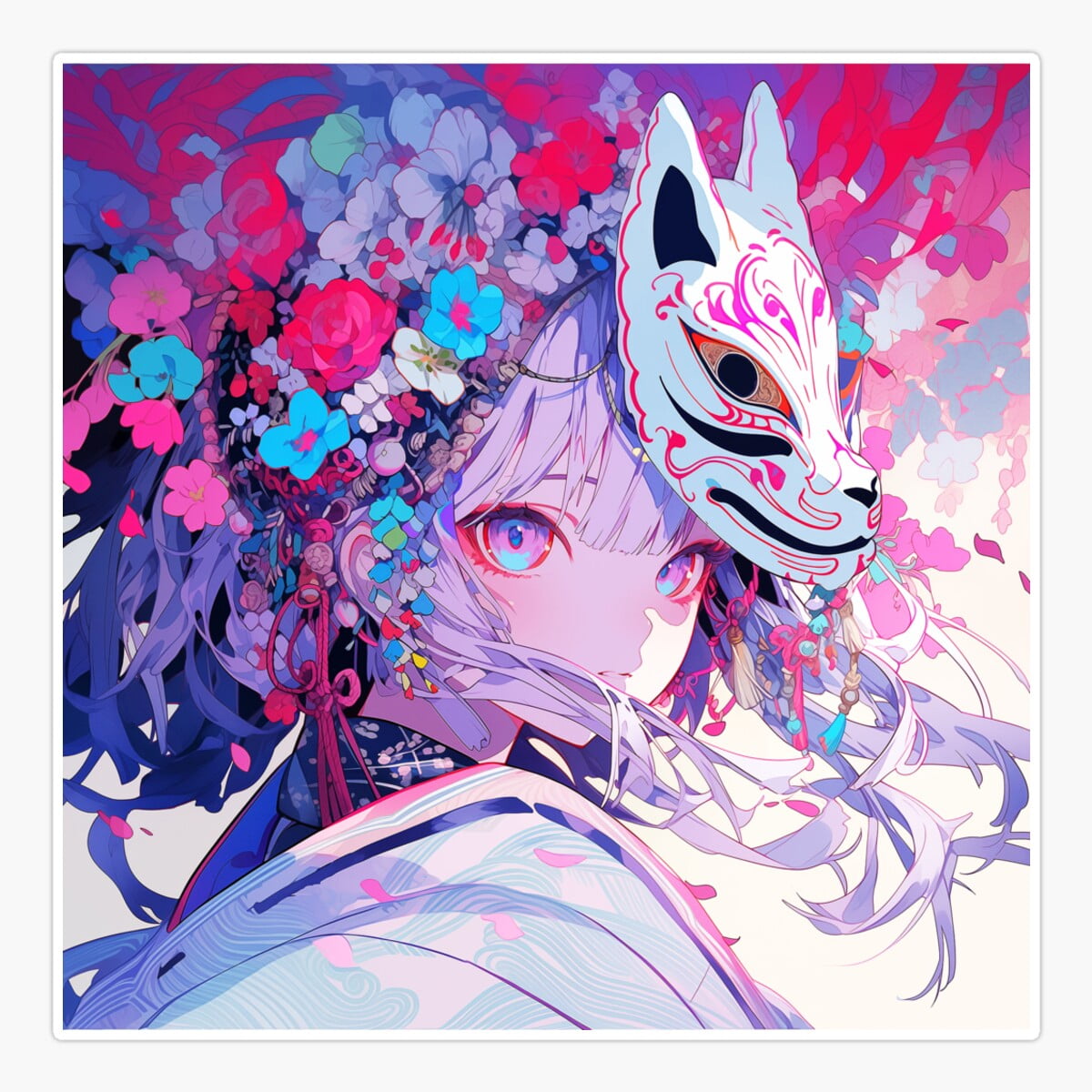 Onim Kitsune Mask Girl Sticker, Phone Decal Water Bottle Stickers Car ...