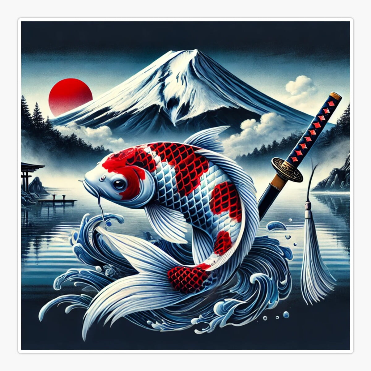 Onim Koi Fish And Mount Fuji Harmony Sticker, Phone Decal Water Bottle ...