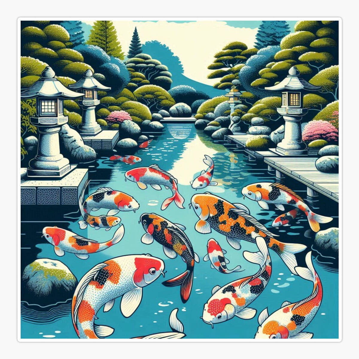 Onim Koi Swimming In Japanese Garden Pond Sticker, Phone Decal Water ...