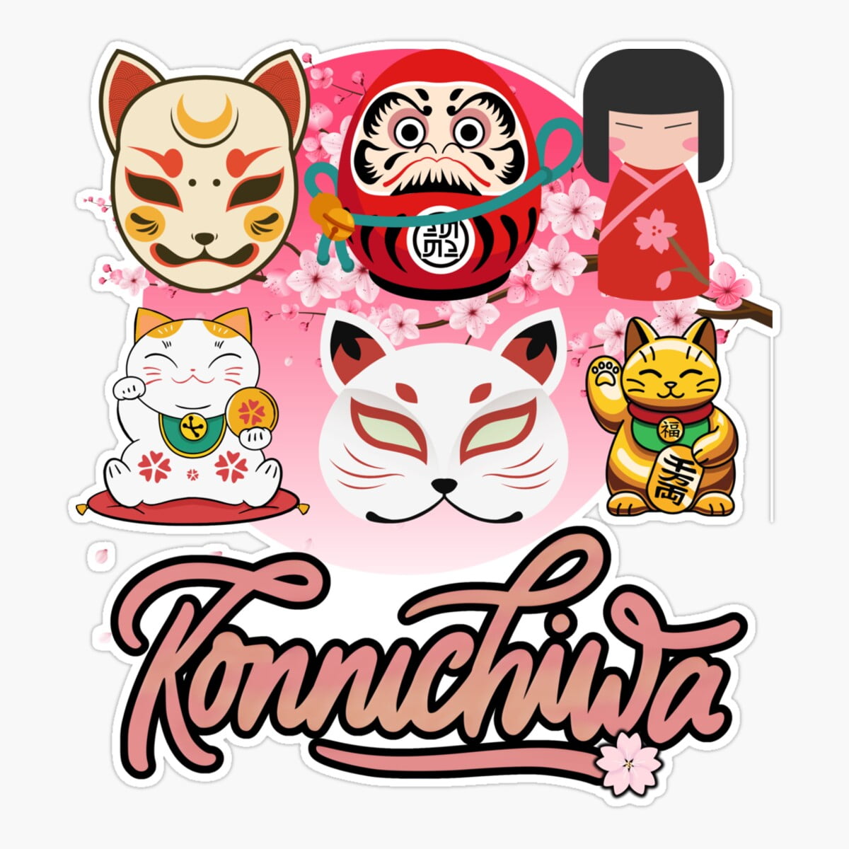 Onim Konnichiwa - Japanese Cats And Dolls Sticker, Phone Decal Water ...