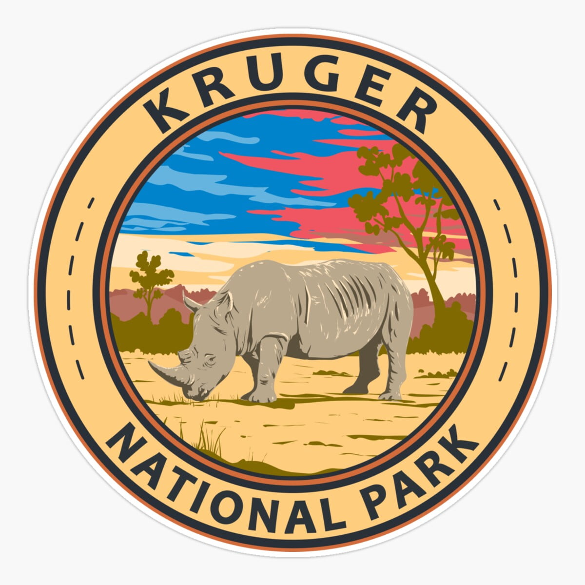 Onim Kruger National Park White Rhinoceros Travel Art Badge Sticker ...