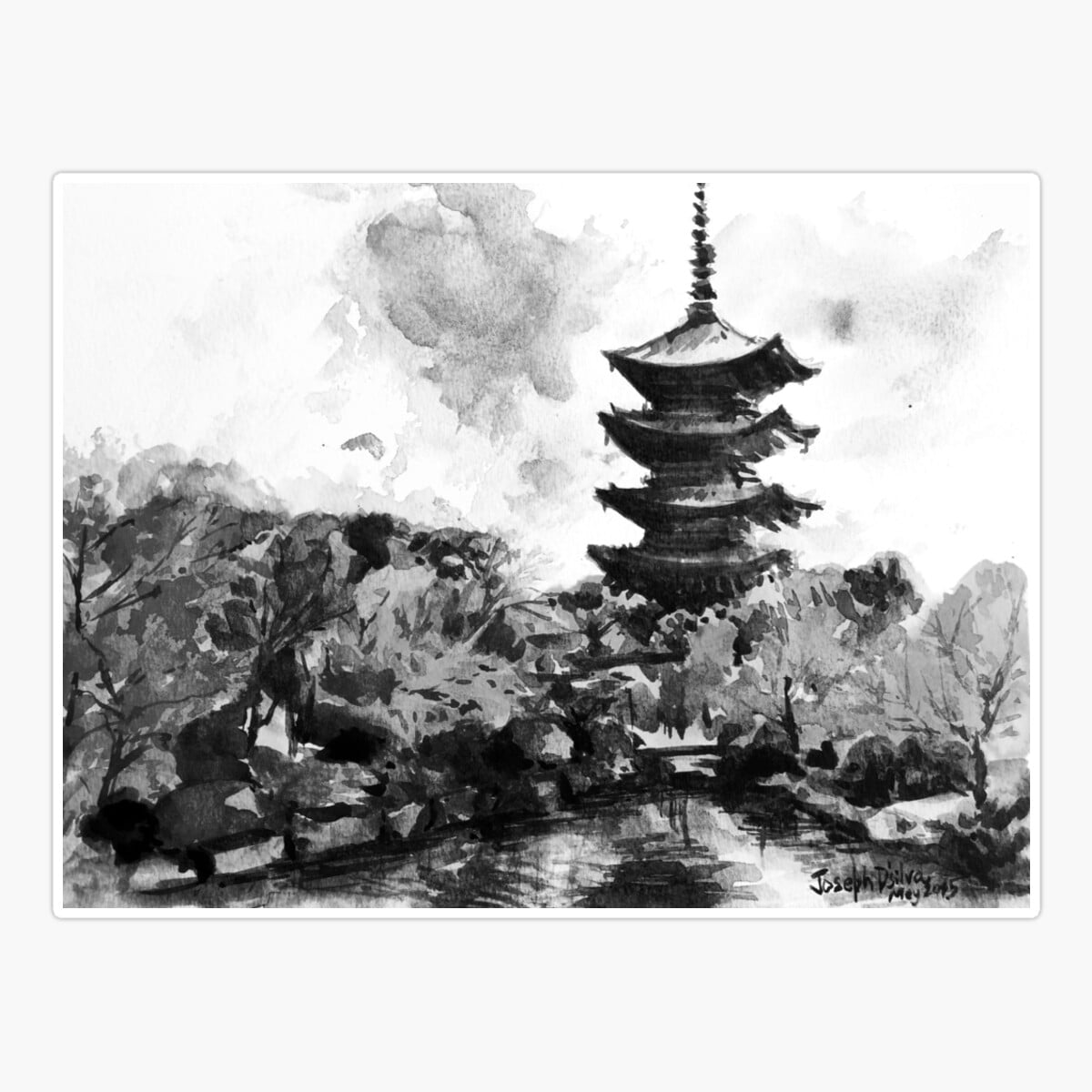 Onim Kyoto Temple Japan Black And White Watercolor Painting Sticker ...