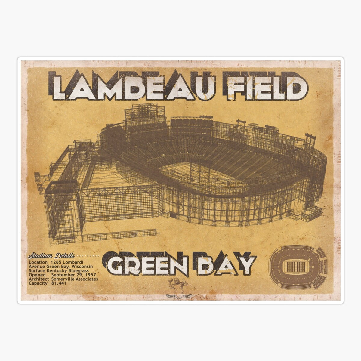 Onim Lambeau Field Green Bay Sticker, Phone Decal Water Bottle Stickers ...