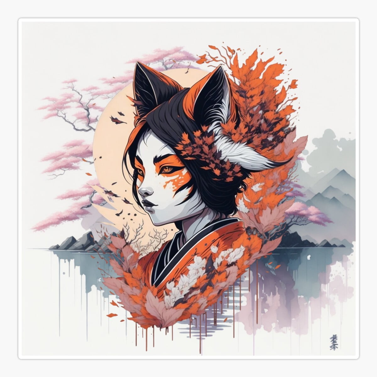 Onim Legendary Orange Kitsune Girl Sticker, Phone Decal Water Bottle ...