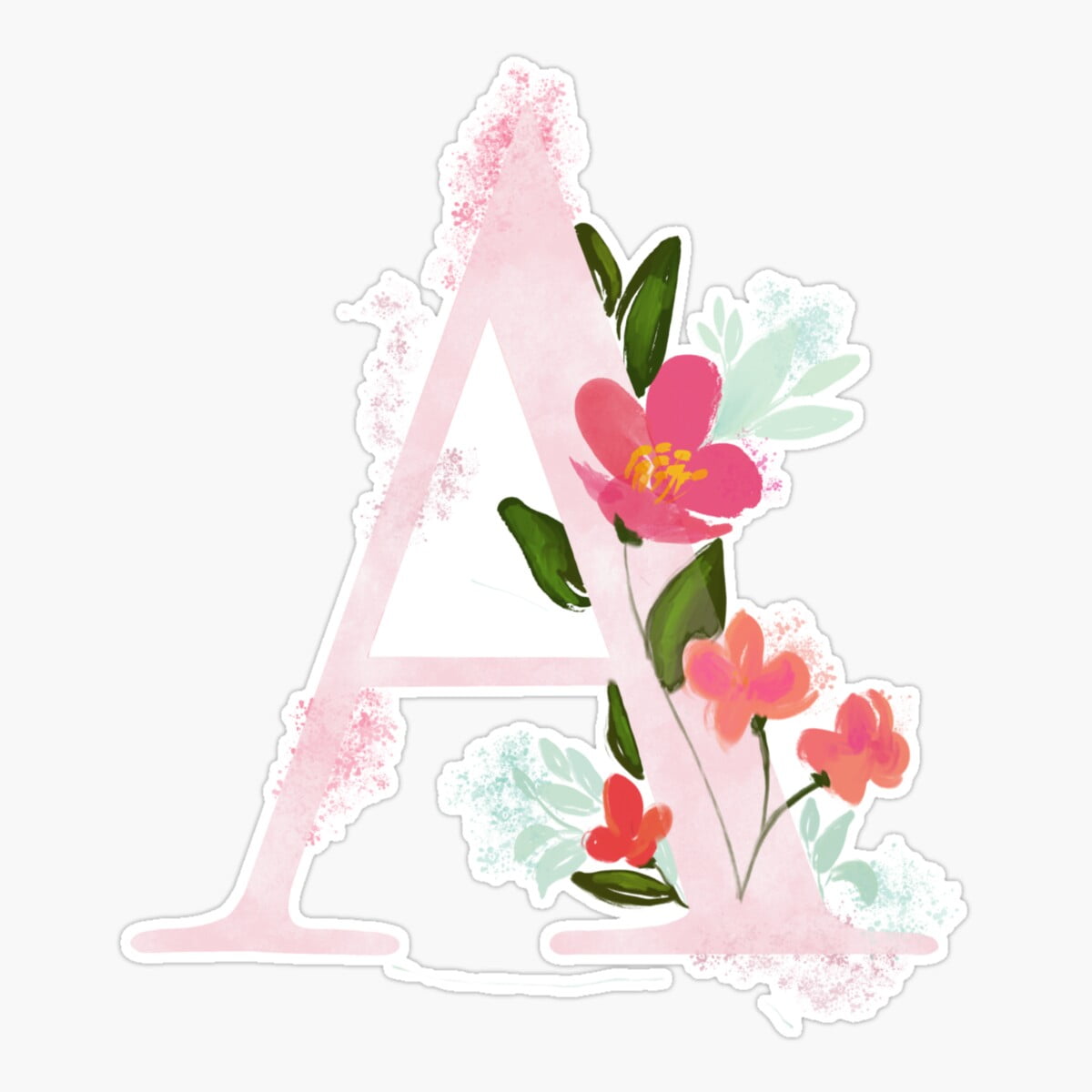 Onim Letter A With Florals Sticker, Phone Decal Water Bottle Stickers ...