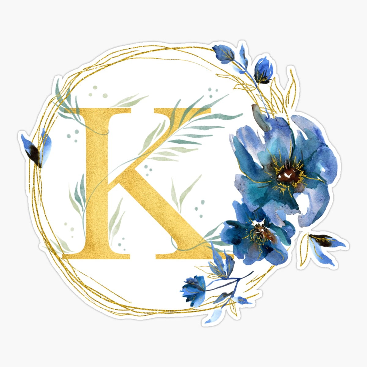 Onim Letter K Golden With Watercolor Flowers Initial Monogram Sticker ...