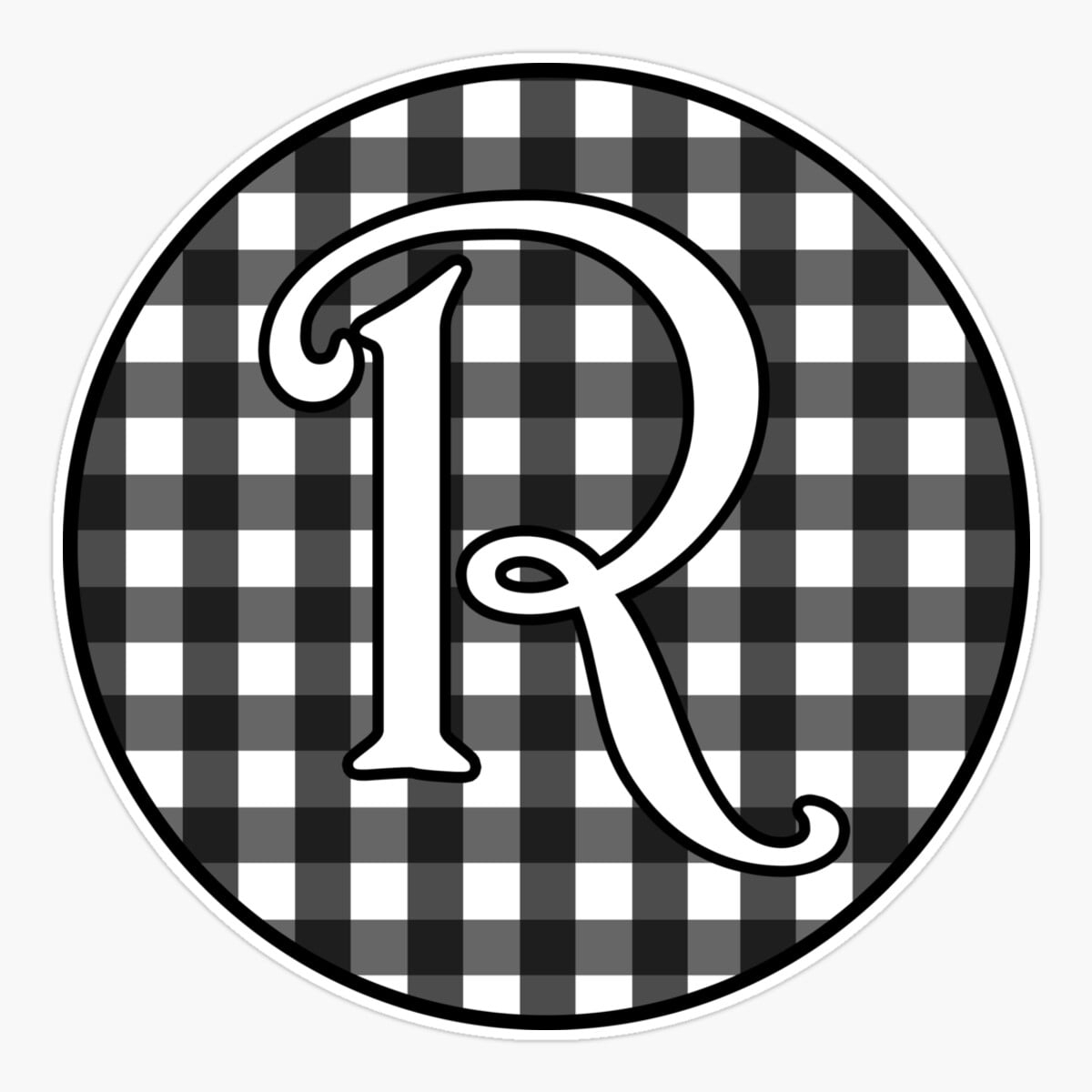 Onim Letter 'R' Black And White Gingham Circle Monogram Sticker, Phone ...