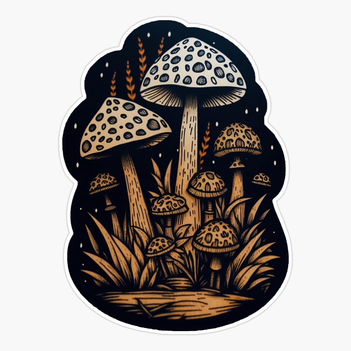 Onim Linocut-Style Mushrooms Sticker, Phone Decal Water Bottle Stickers ...