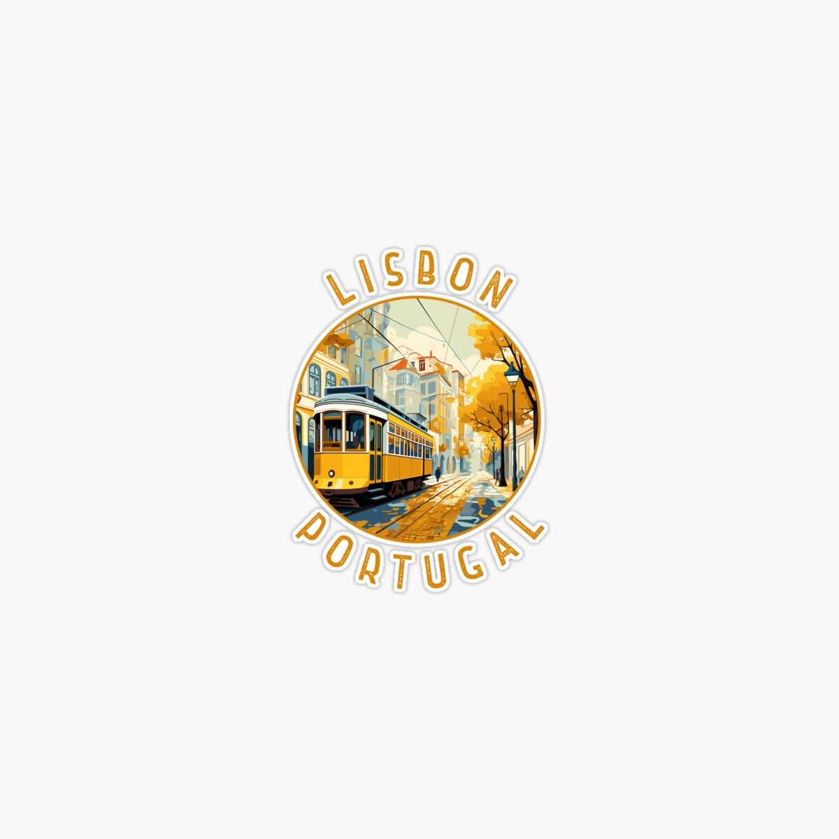 Onim Lisbon Portugal Yellow Tram Retro Distressed Circle Sticker ...
