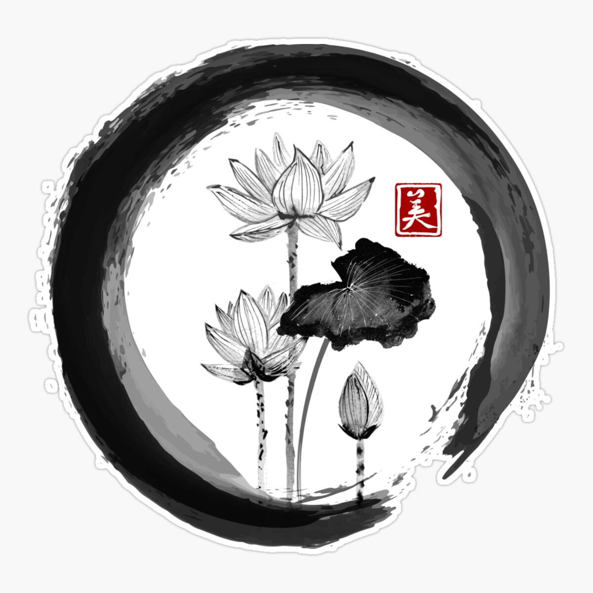 Onim Lotus Flower - Traditional Japanese Ink Painting On Vintage Rice ...