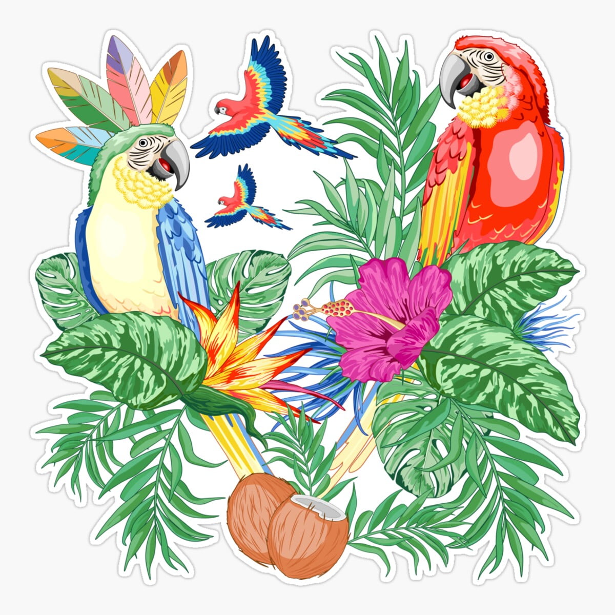 Onim Macaws Parrots Exotic Birds On Tropical Flowers And Leaves Sticker ...