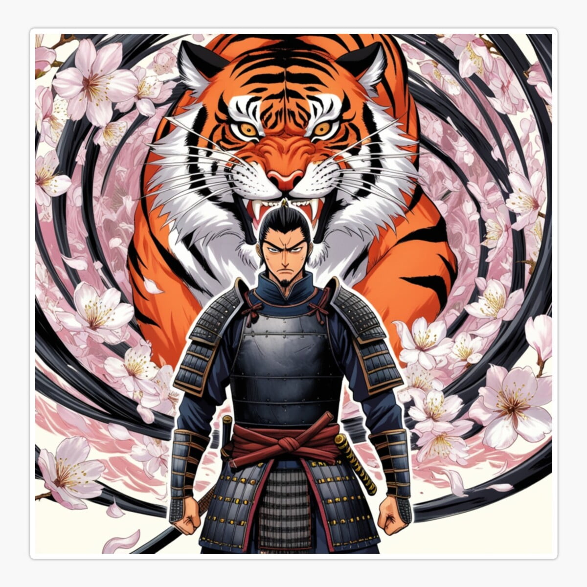 Onim Manga-Style Samurai Warrior With Vibrant Orange Tiger Sticker ...