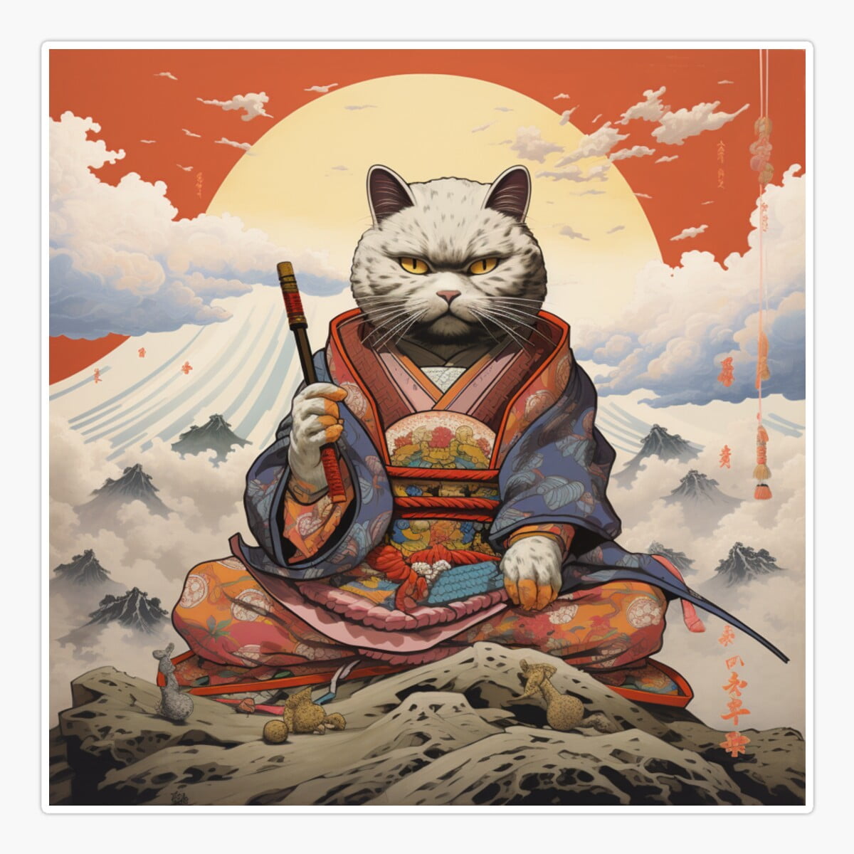 Onim Meditative Samurai Cat: A Journey Above Mount Fuji Sticker, Phone ...