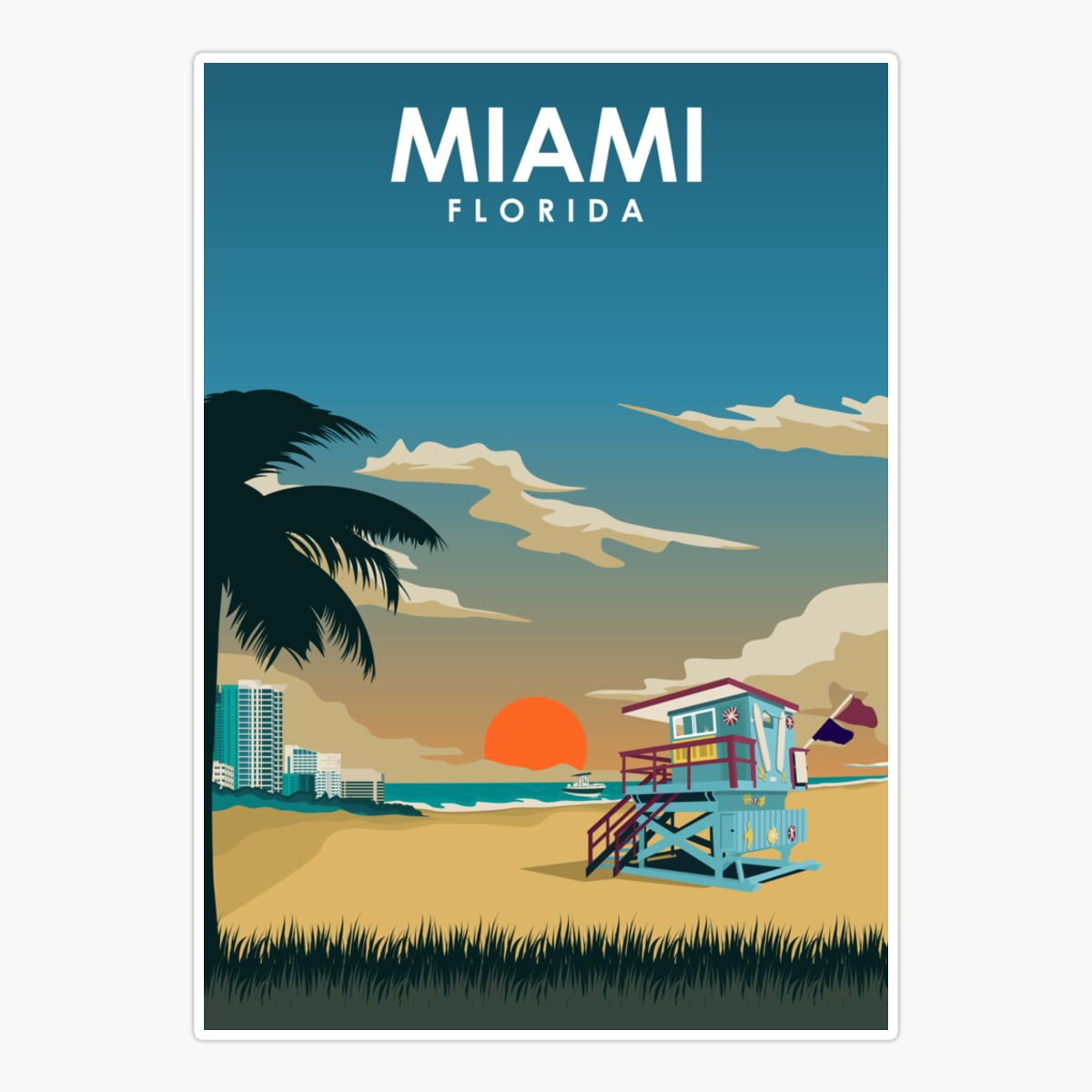 Onim Miami Florida Minimal Vintage Summer Beach Travel Poster Sticker ...