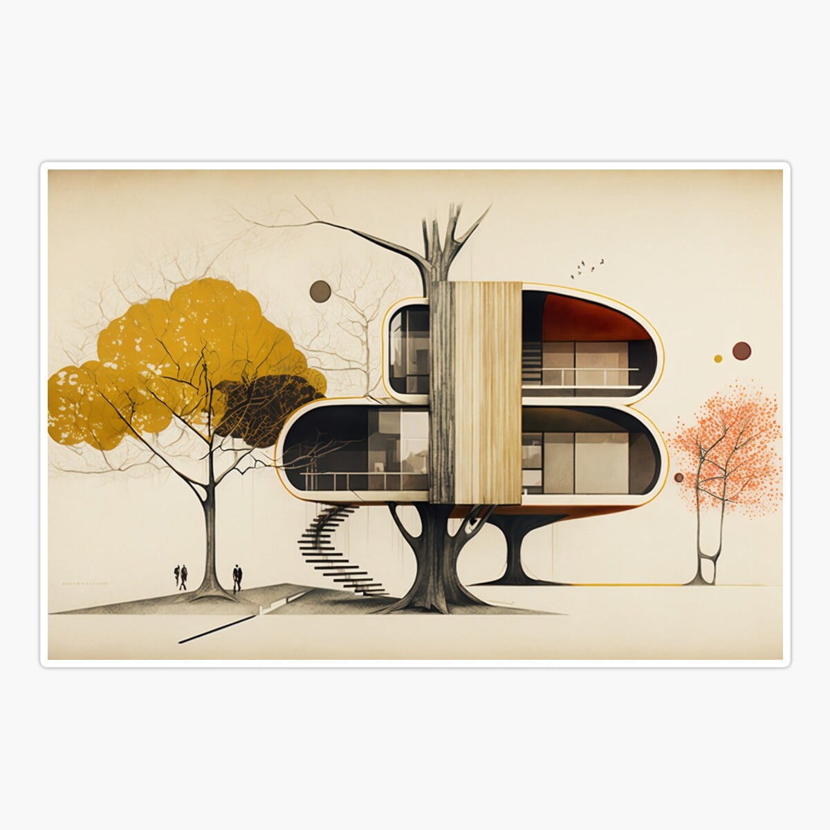 Onim Mid-Century Modern Treehouse Sticker, Phone Decal Water Bottle ...