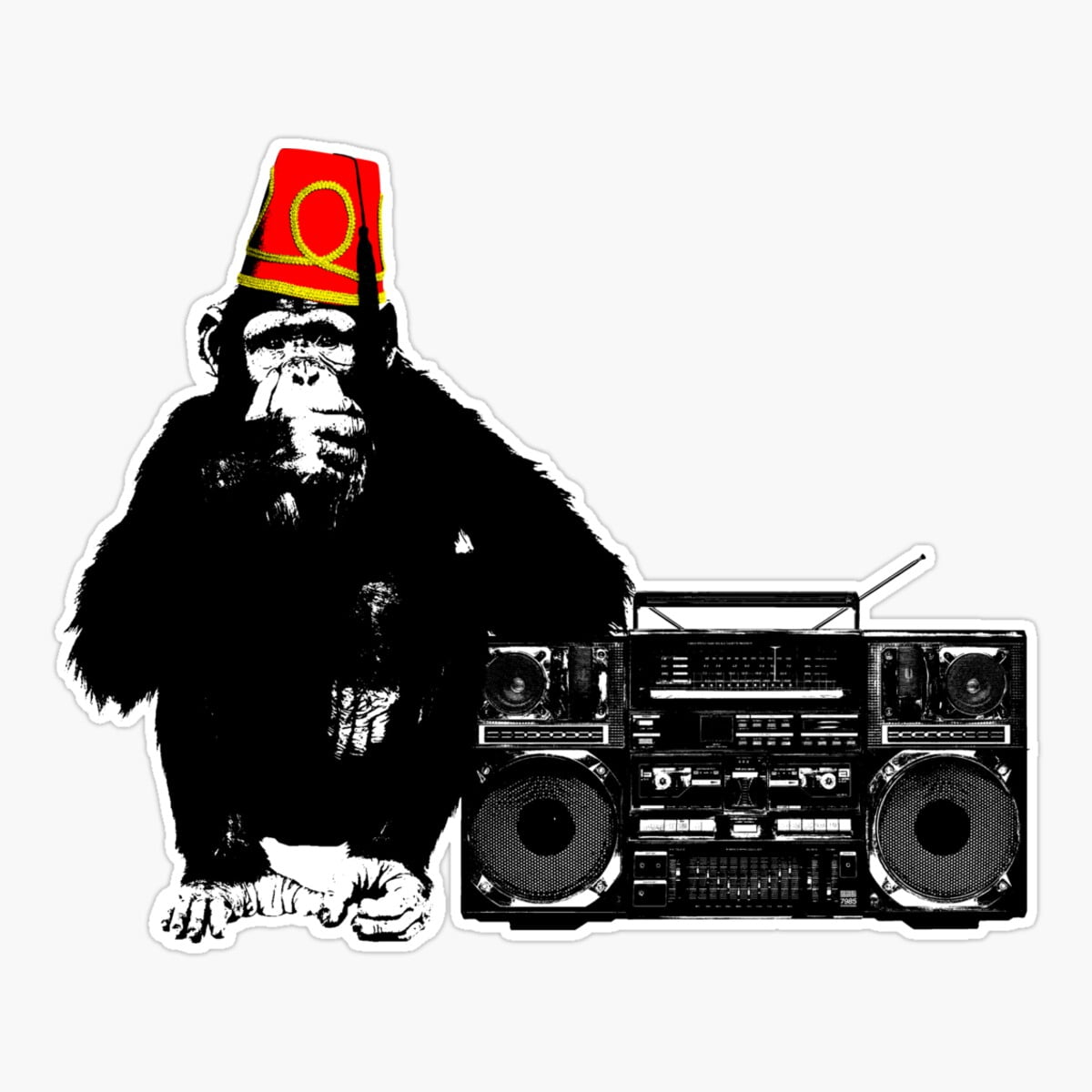Onim Monkey With Fez And Boombox Sticker, Phone Decal Water Bottle ...