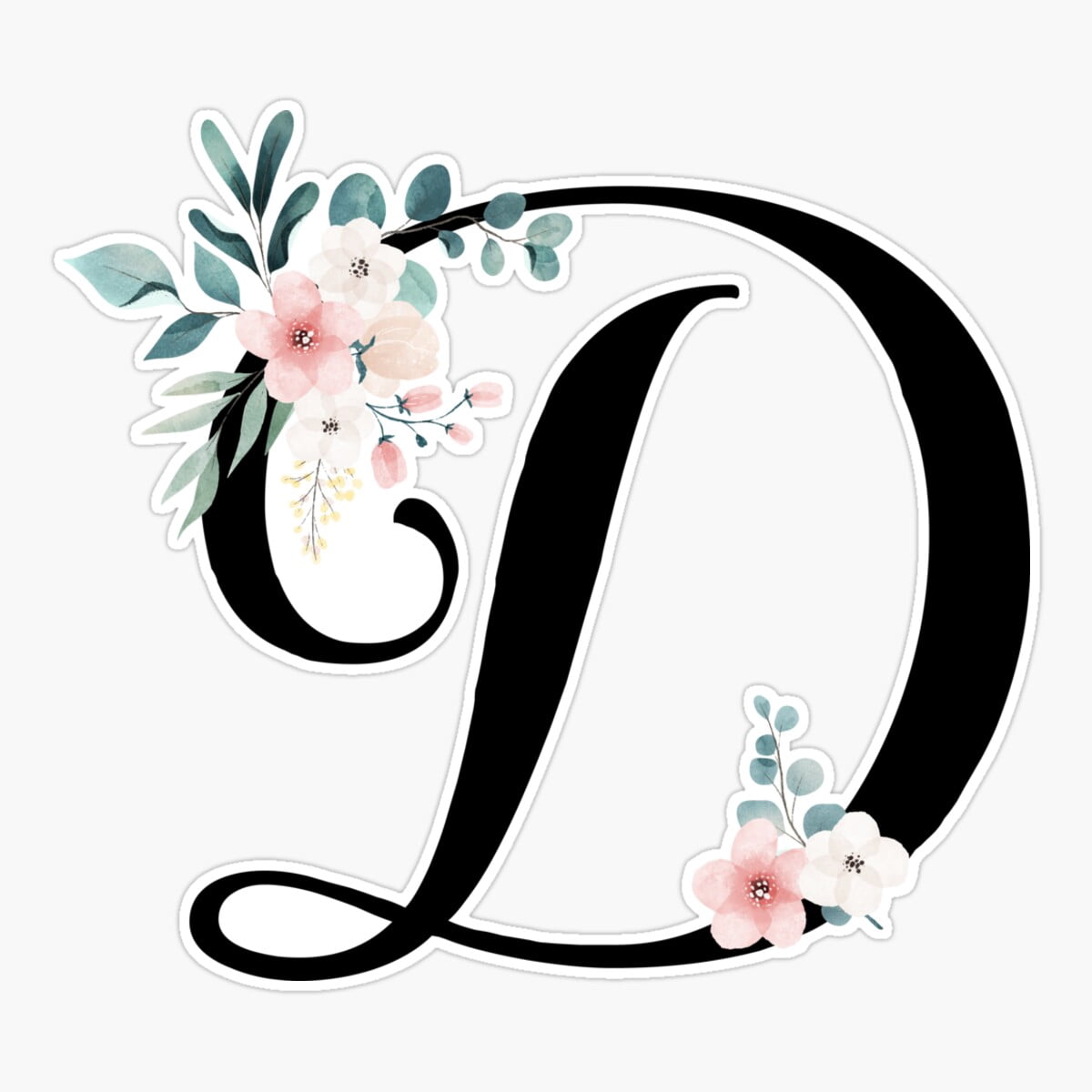 Onim Monogram D With Botanical Flowers Sticker, Phone Decal Water ...