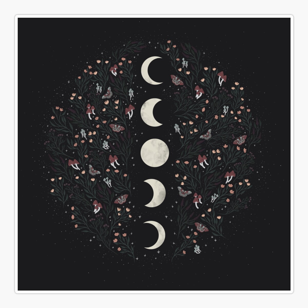 Onim Moon Phases With Botanicals And Stars Sticker, Phone Decal Water ...