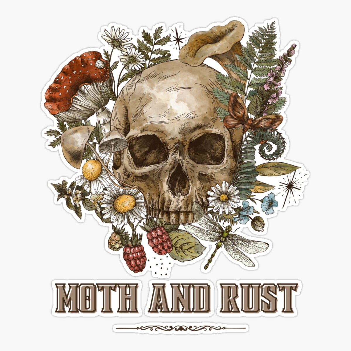 Onim Moth And Rust - Skull And Flora Sticker, Phone Decal Water Bottle ...
