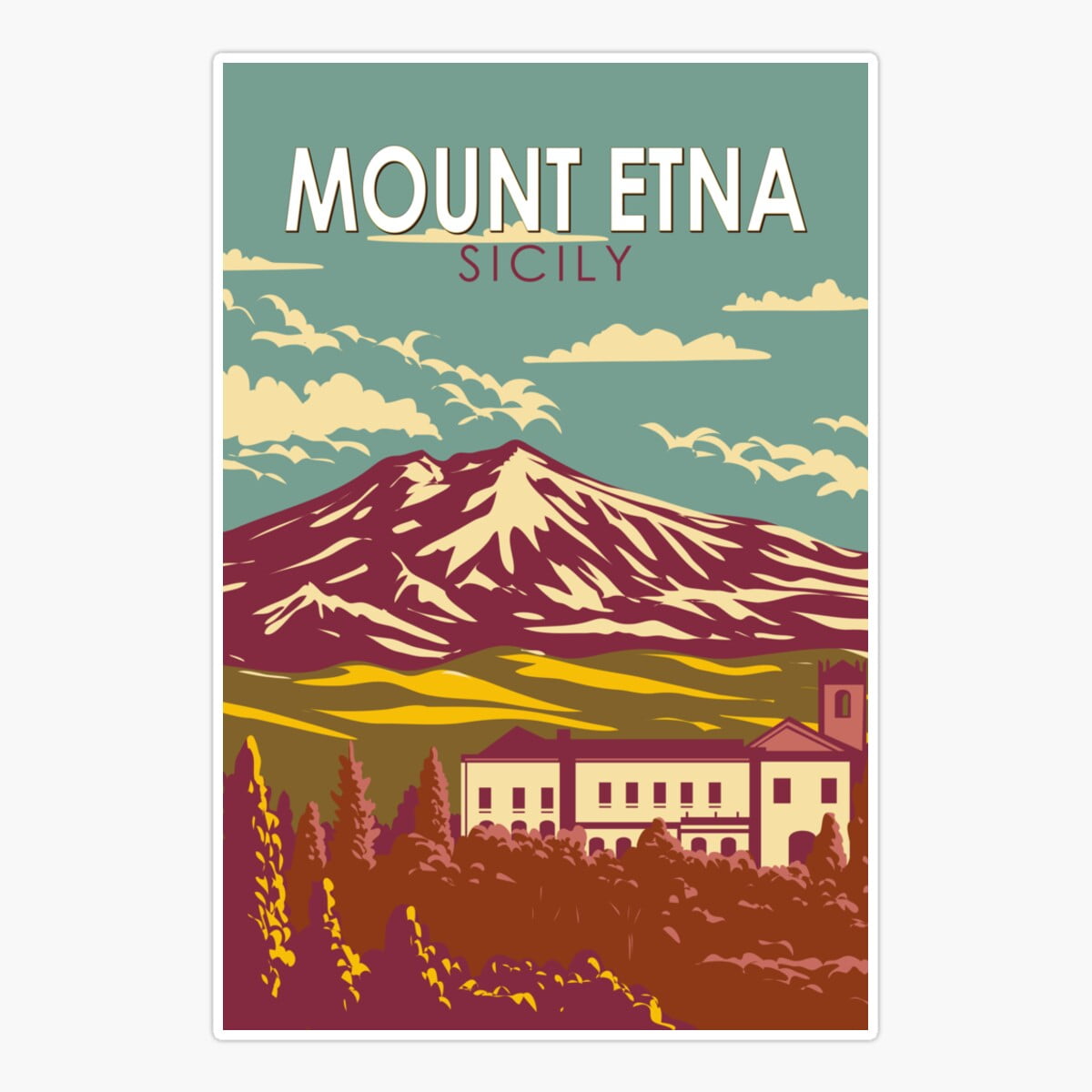Onim Mount Etna Sicily Travel Art Vintage Sticker, Phone Decal Water ...