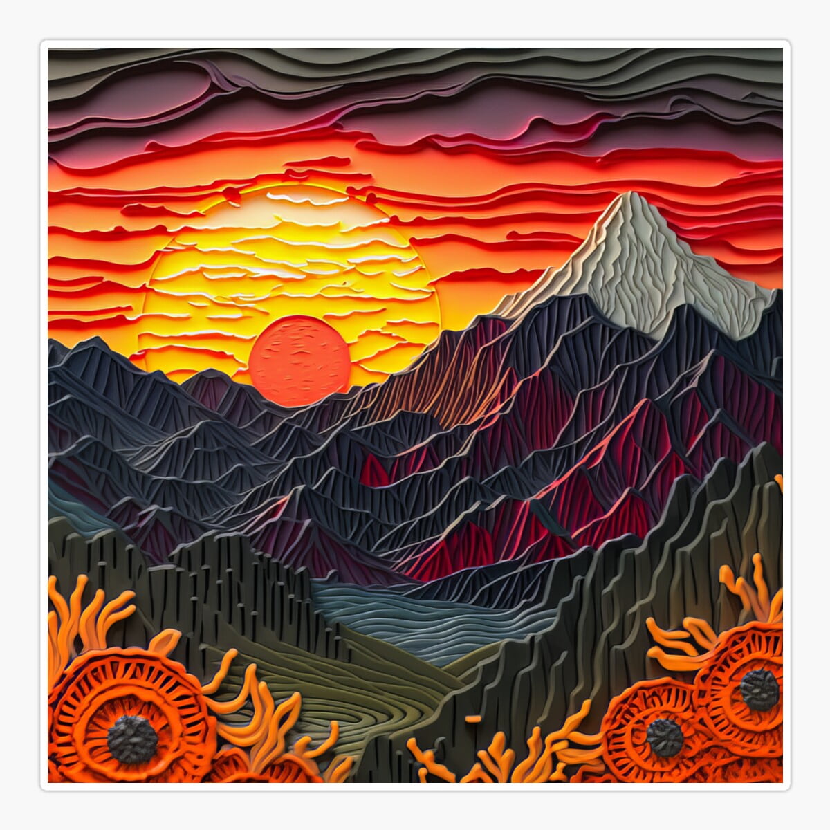 Onim Mount Fuji At Sunset Paper Cut Poster Print Sticker, Phone Decal ...