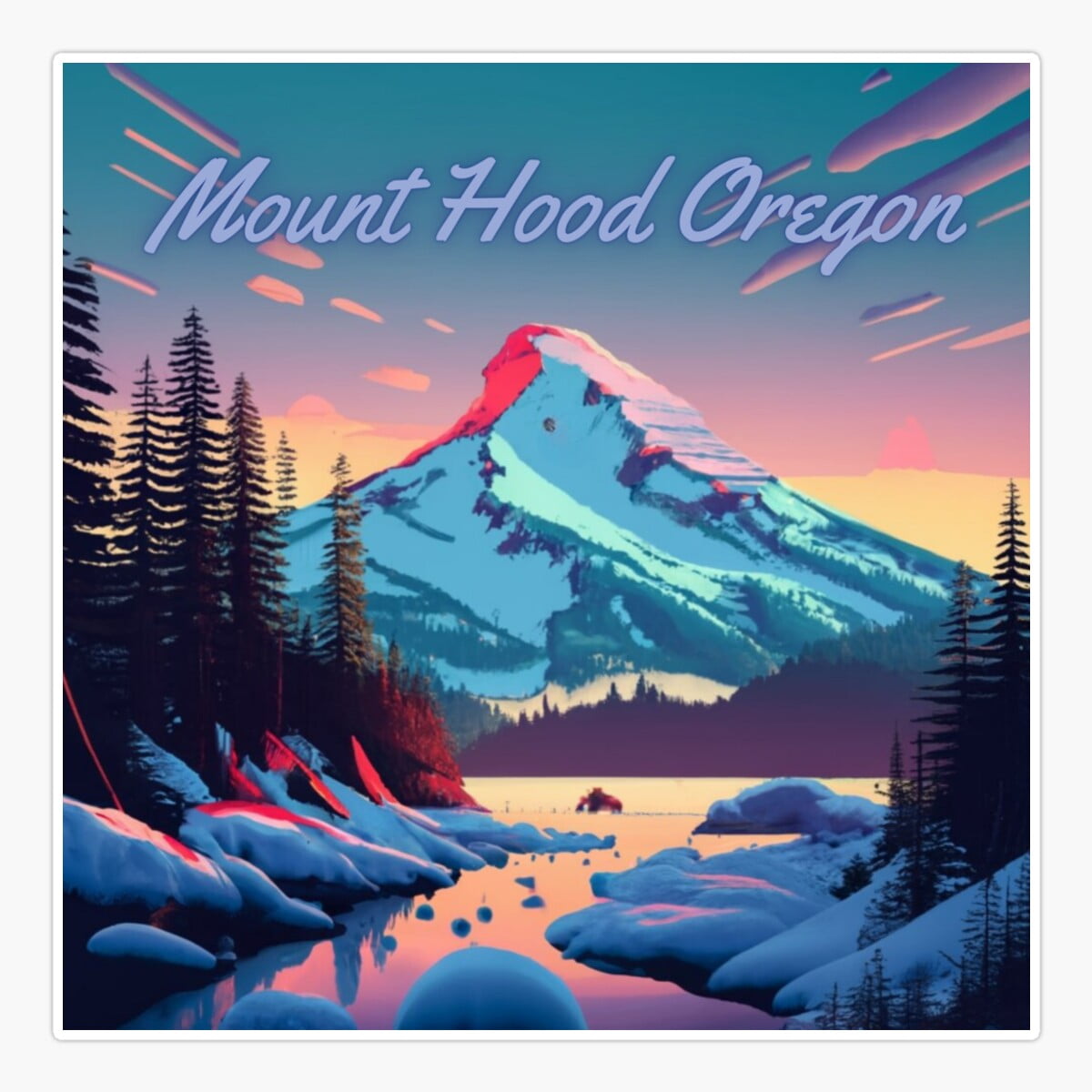 Onim Mount Hood Oregon Mountain And Trees Sticker, Phone Decal Water ...