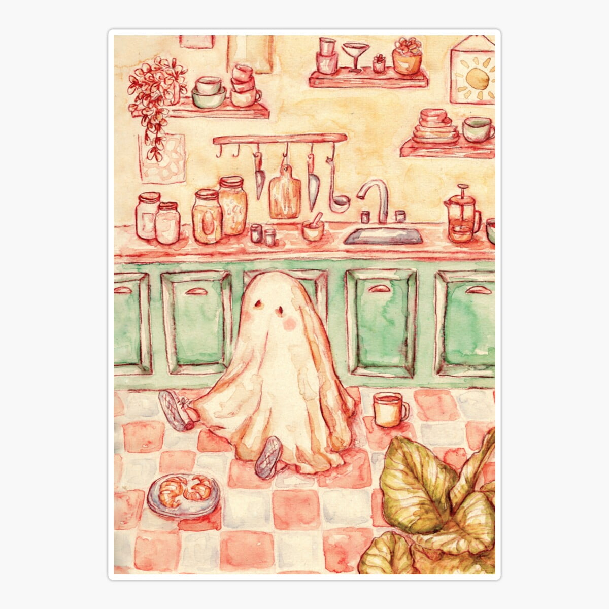 Onim Mourning Morning - Sad Ghost In Kitchen Drinking Coffee Sticker ...
