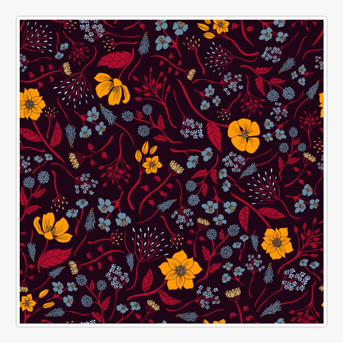 Onim Mustard Yellow, Burgundy & Blue Floral Pattern Sticker, Phone ...