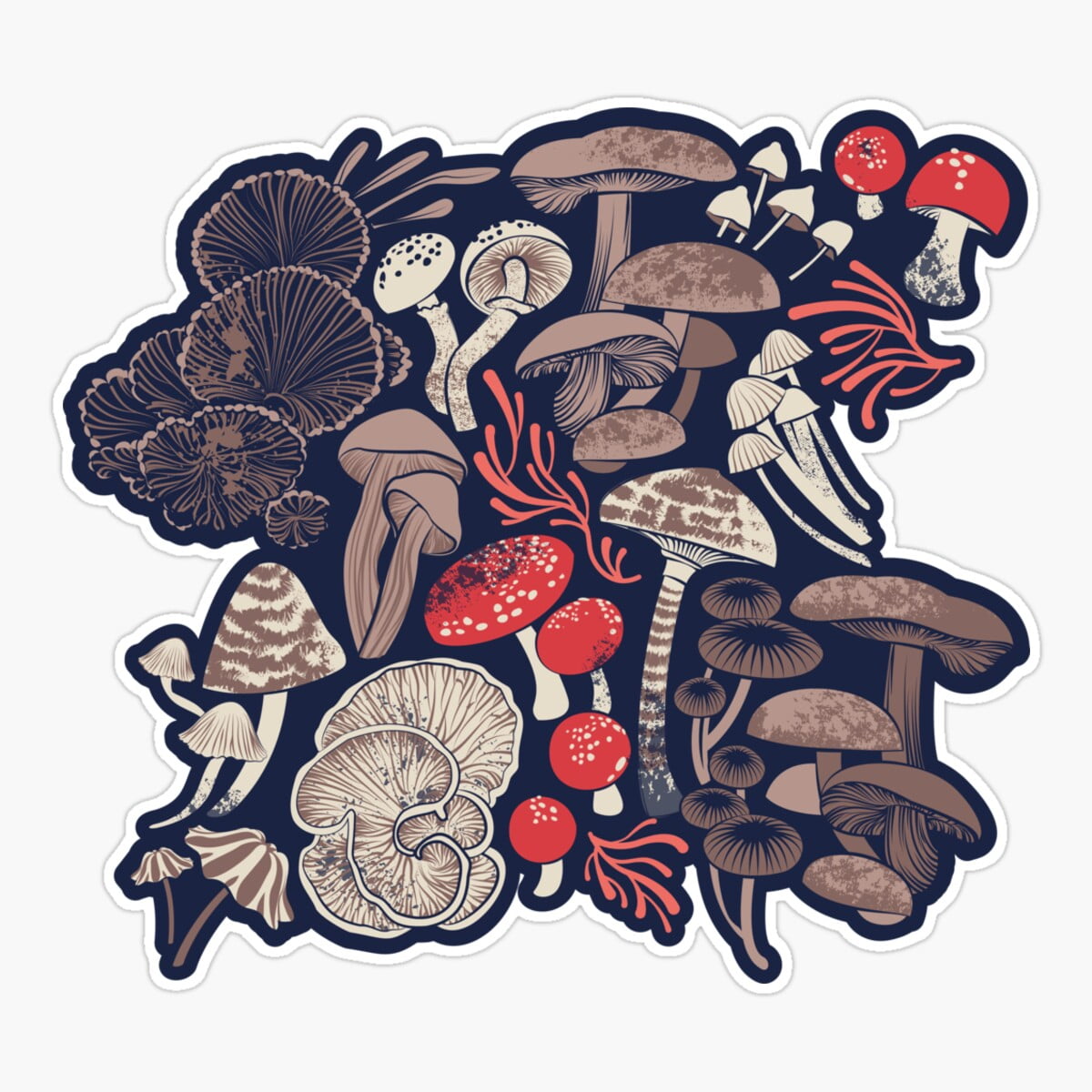 Onim Mystical Fungi // Midnight Blue Background Brown Red And Coral ...