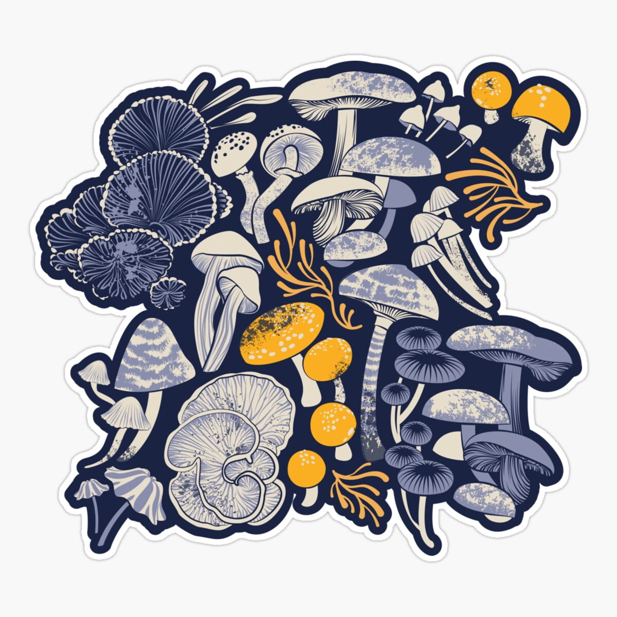 Onim Mystical Fungi // Midnight Blue Background Ivory Pale Blue And ...