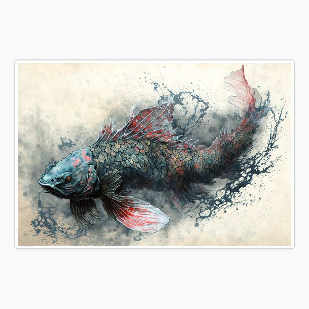 Onim Mythical Koi Fish Gyotaku Sticker, Phone Decal Water Bottle ...