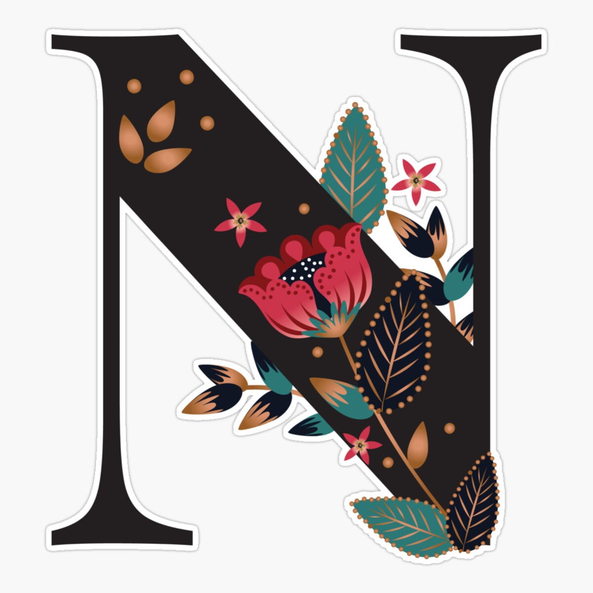 Onim N - Floral Initial Letter Sticker, Phone Decal Water Bottle ...