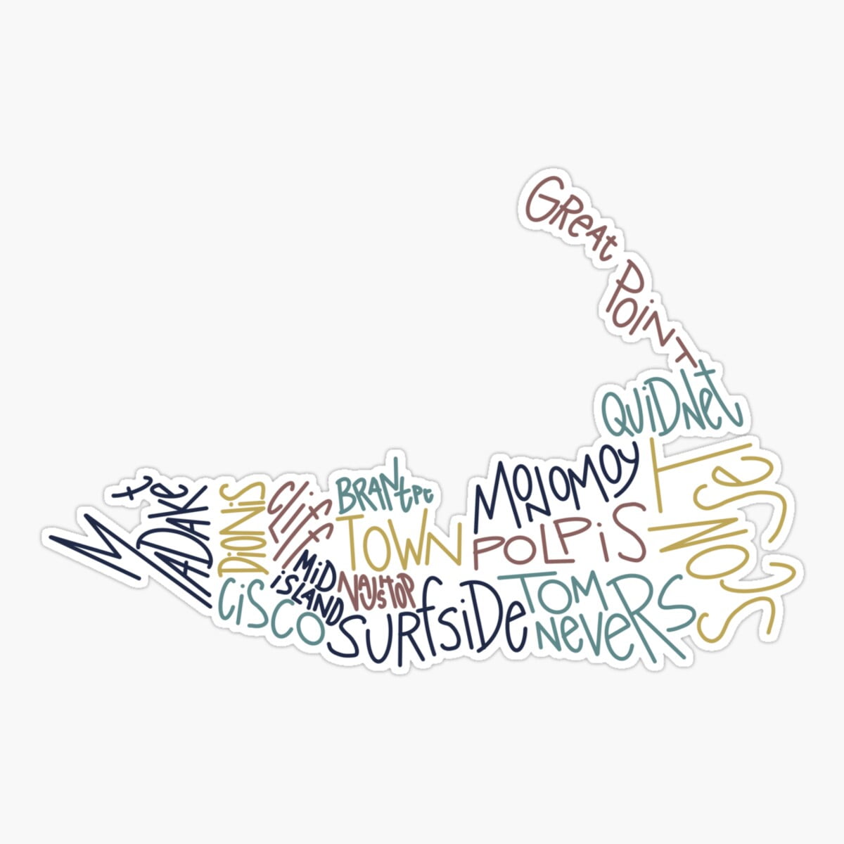 Onim Nantucket Map (With Regions) Sticker, Phone Decal Water Bottle ...