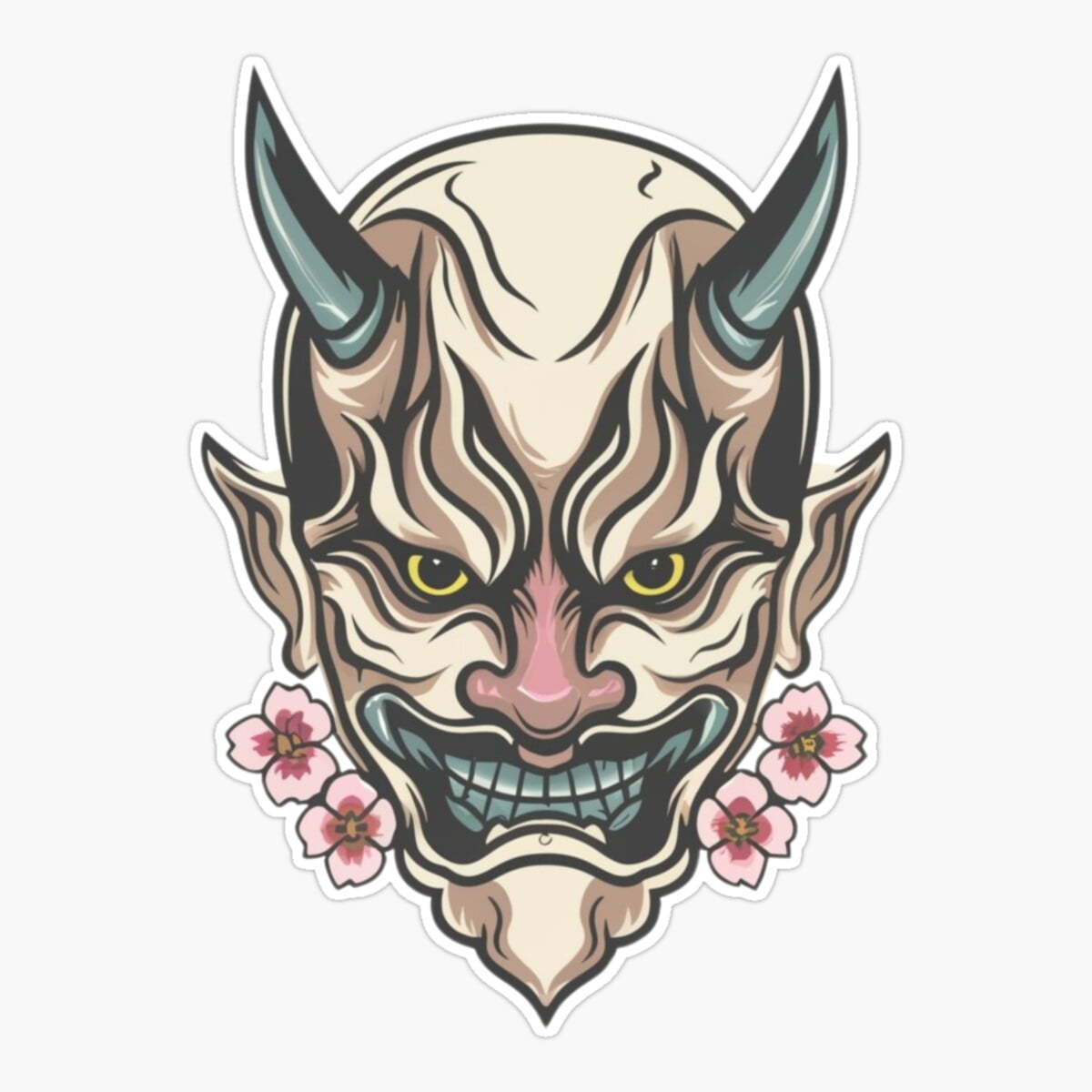 Onim Noh Mask - Hannya Mask With Cherry Blossoms Sticker, Phone Decal Water Bottle Stickers Car ...